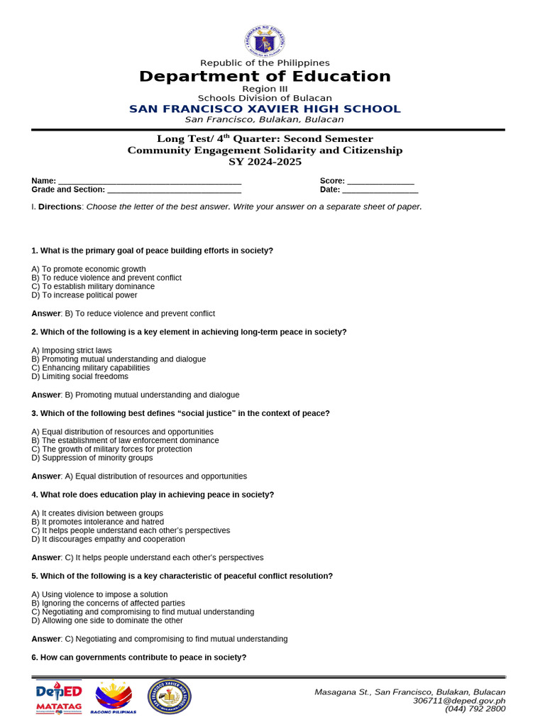 Long Test Csc Answer Key | PDF | Peace | Violence