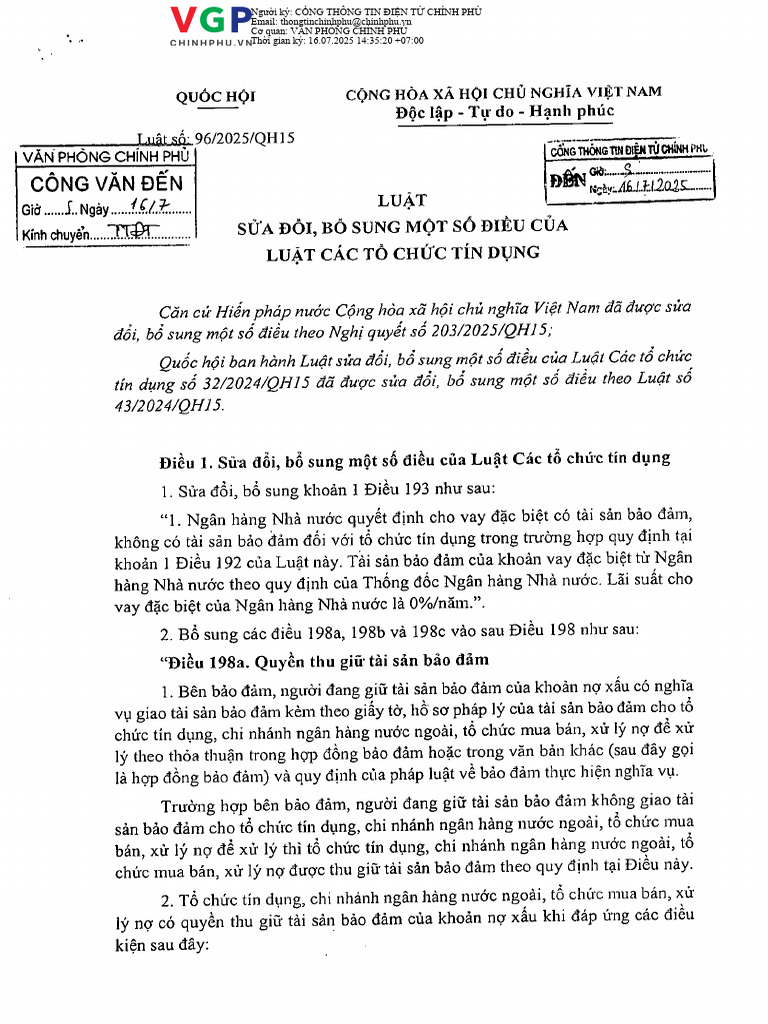 Luat Sua Doi Bo Sung Mot So Dieu Cua Luat Cac to Chuc Tin Dung | PDF