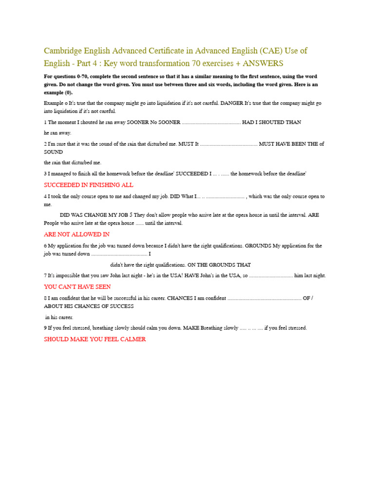 CAE Use of English Key Word Exercises | PDF