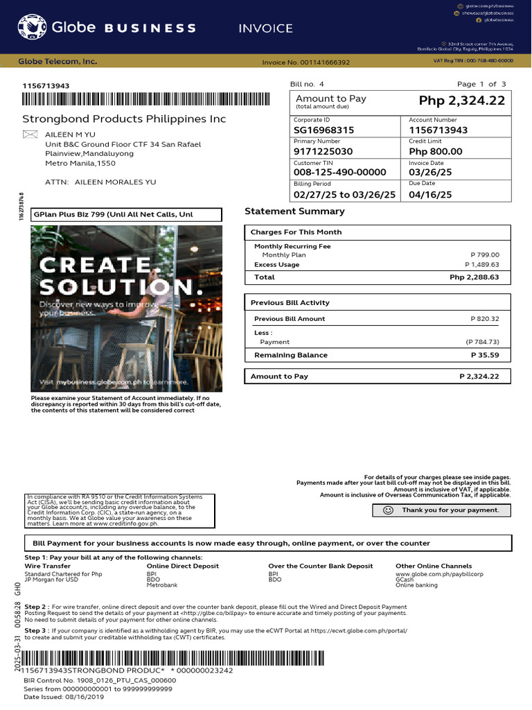 Globe Bill 09171225030 | PDF | Value Added Tax | Payments