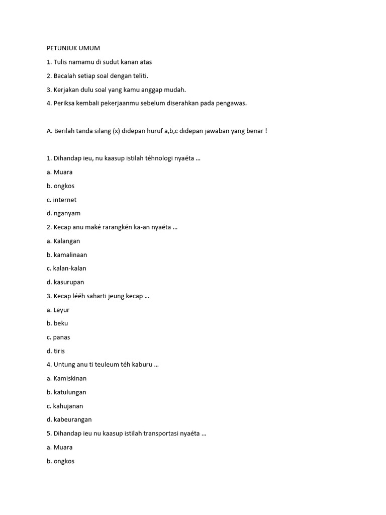 Latihan Soal Basa Sunda Kelas 5 b | PDF