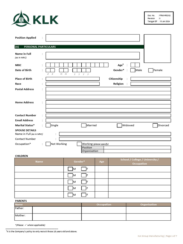KLK Job Application Form - Al Hadi Fajar | PDF | Audit | Human Resources