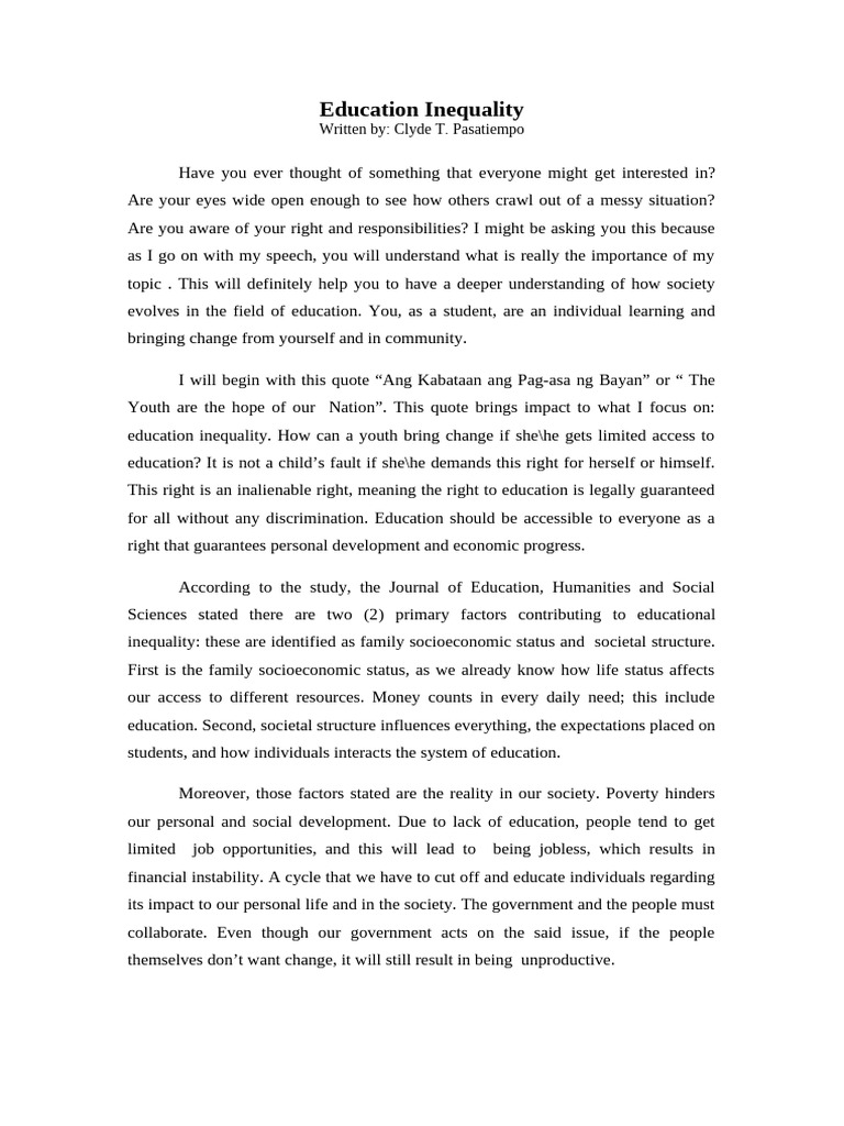 Education Inequality SPEECH | PDF | Social Inequality | Discrimination ...