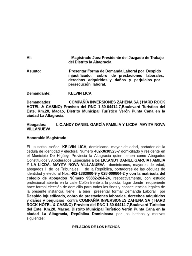 Demanda de Despido Andy Familia y Kelvin Lica | PDF | Derecho laboral ...
