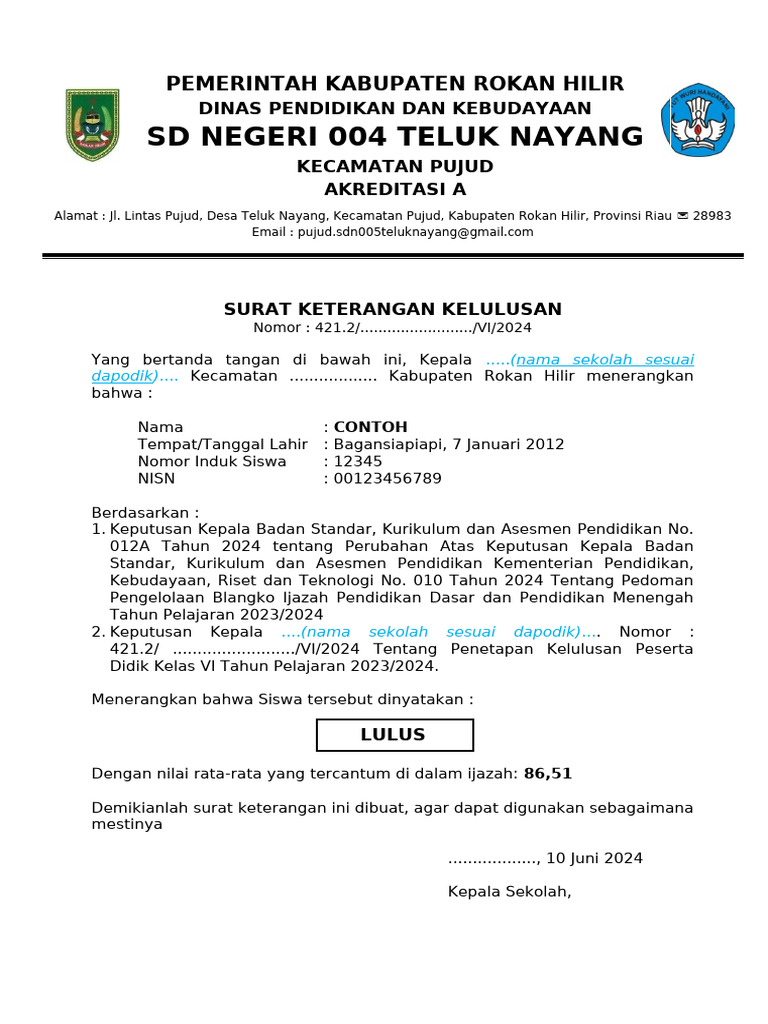 Surat Keterangan Kelulusan SD Rokan Hilir | PDF