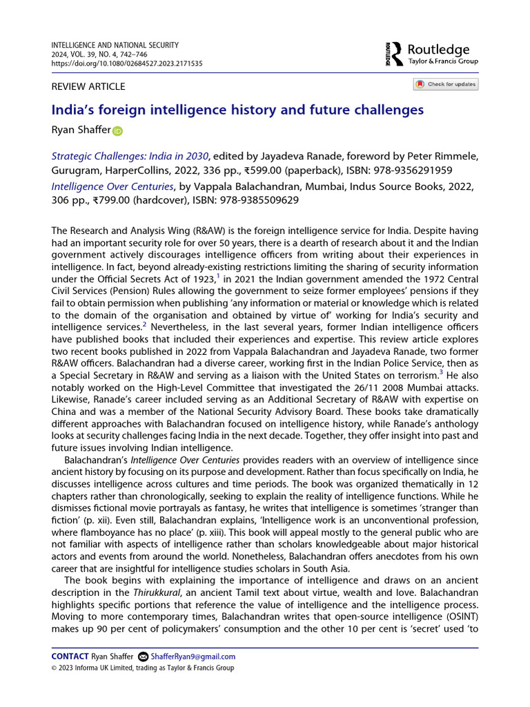 India's Foreign Intelligence History and Future Challenges | PDF