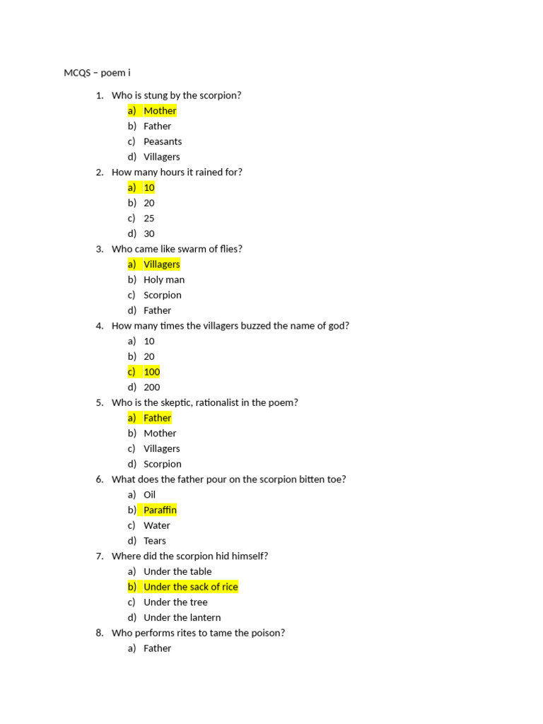 MCQS poem i & ii | PDF