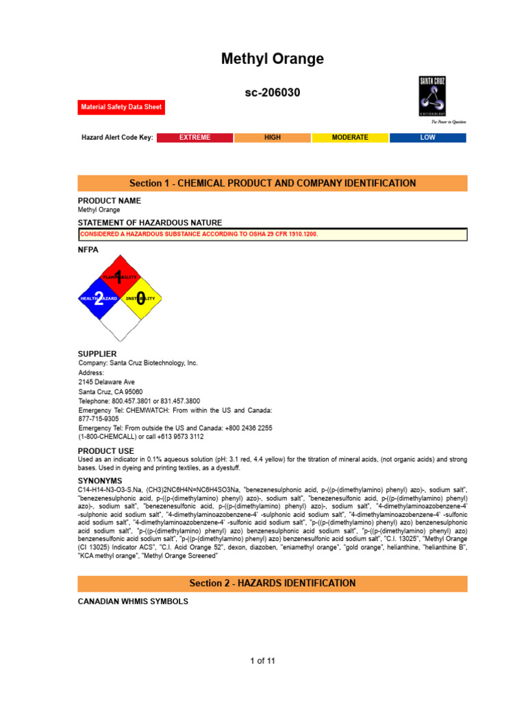 Methyl Orange MSDS Overview | PDF | Combustion | Waste Management