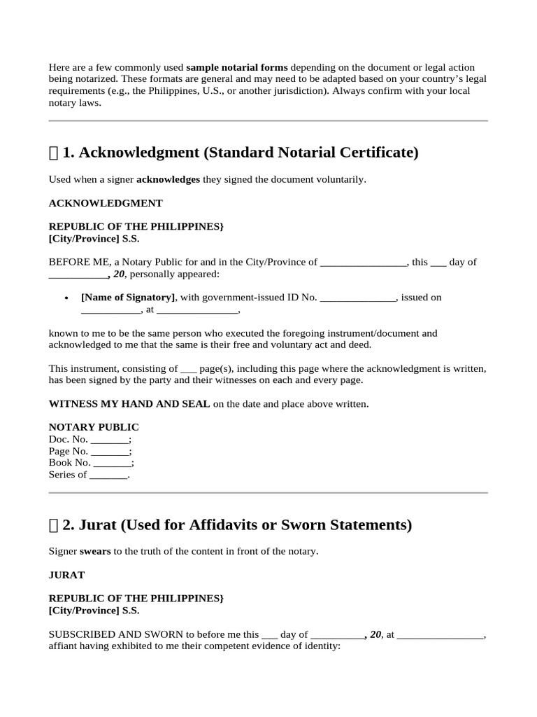 Sample Notarial Forms and Certificates | PDF | Notary Public | Affidavit