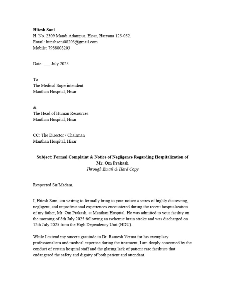 Formal Complaint Hitesh Soni Manthan Hospital | PDF | Hospital | Patient