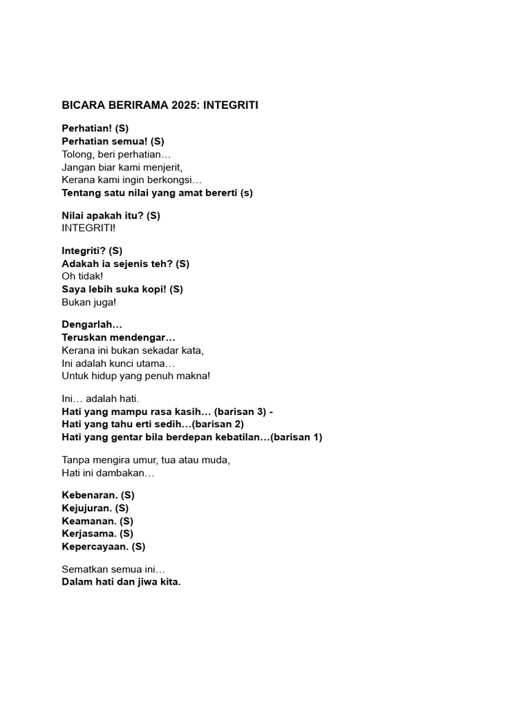 Skrip Bicara Berirama 2025 - Integriti | PDF