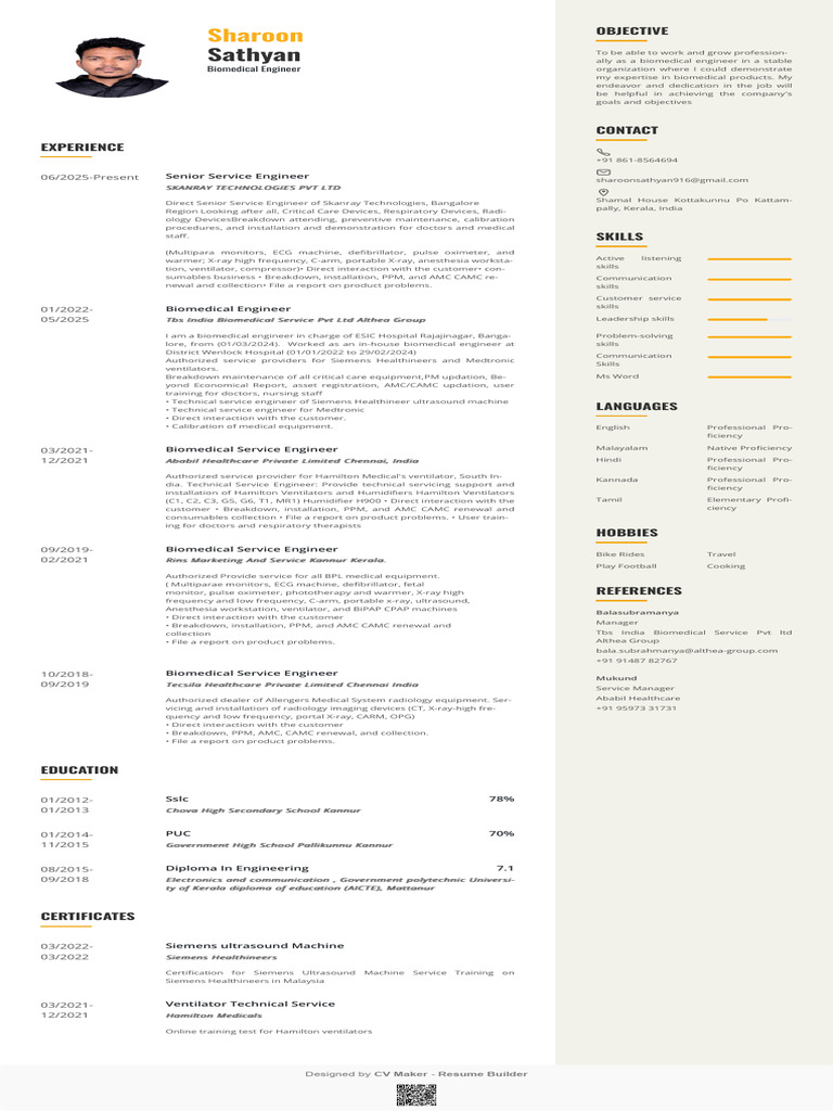 Sharon Sathyan Resume Update2025 | PDF | Biomedical Engineering | Clinical Medicine