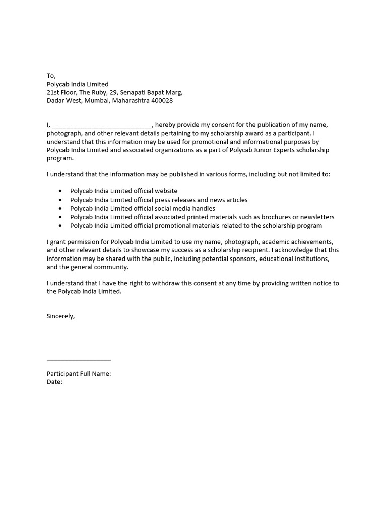 Consent Form For Publication of Scholarship Winners - Students | PDF