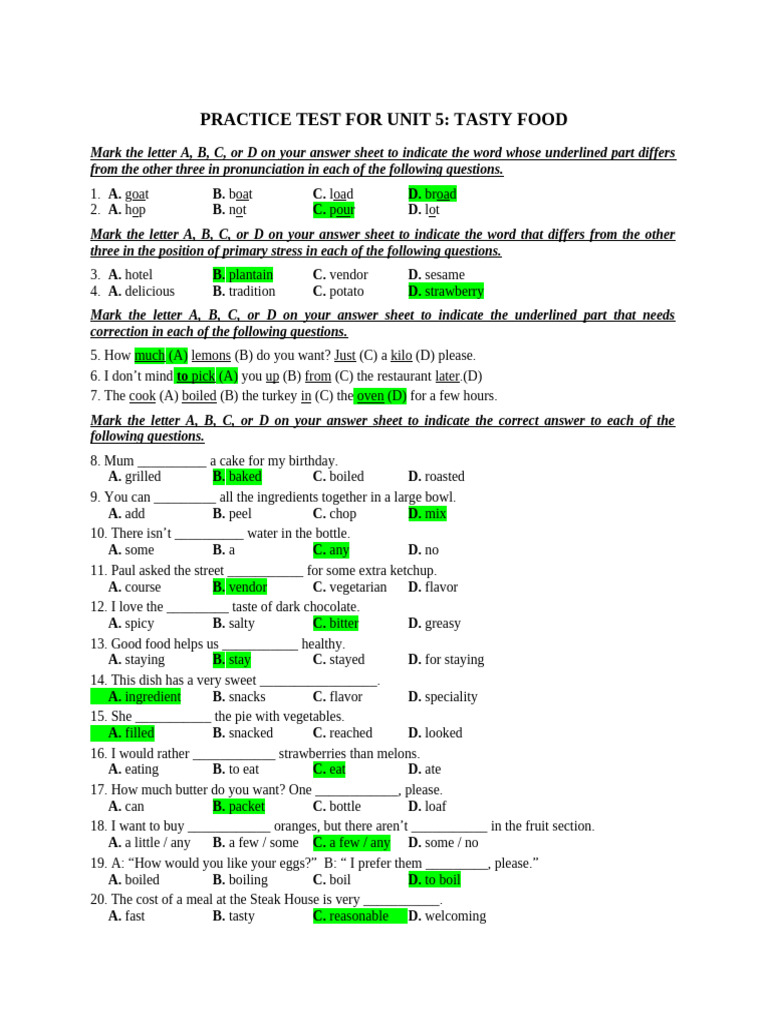 Unit 5 Practice Test: Tasty Food | PDF | Taste | Foods