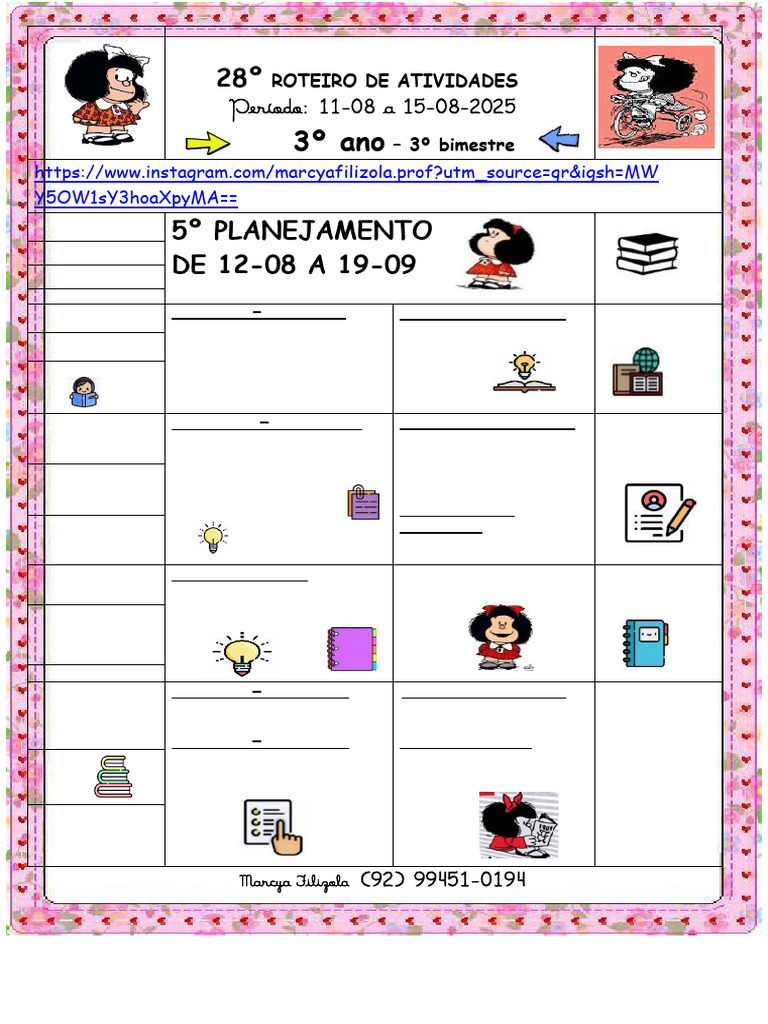 3º ANO 28º ROTEIRO SEMANAL DE 11 08 A 15 08 2025 MARCYA FILIZOLA | PDF ...