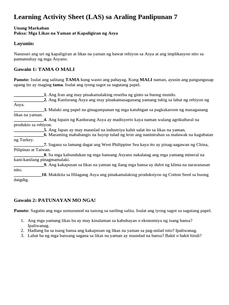 Learning Activity Sheet AP 7 WEEK 8 | PDF