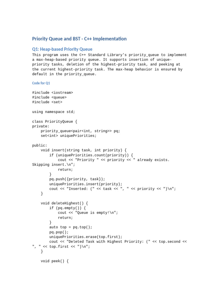 C++ Priority Queue and BST Implementation | PDF | Computer Programming ...