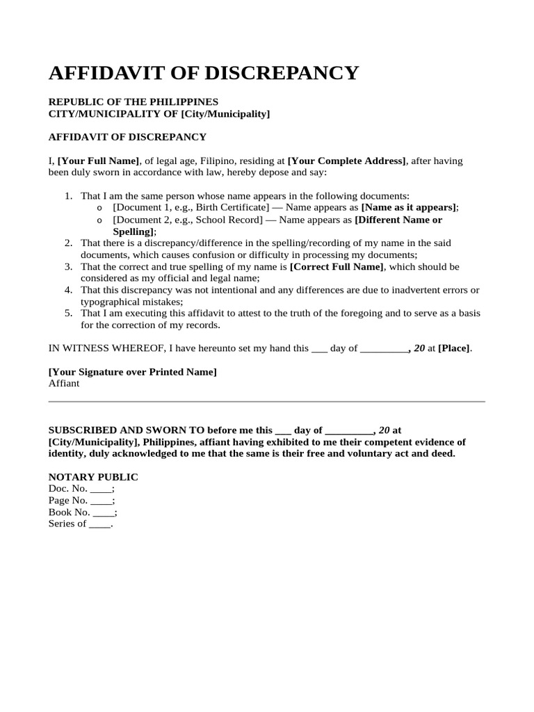 Affidavit of Discrepancy Template | PDF