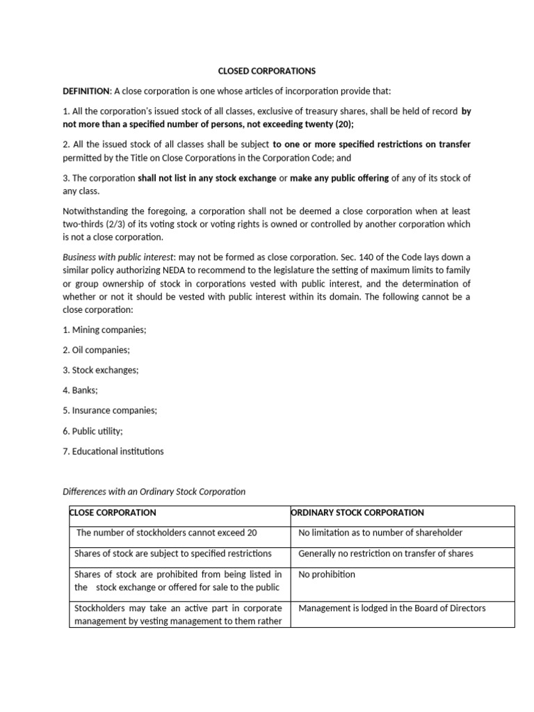 closed corpo | PDF | Corporations | Stocks