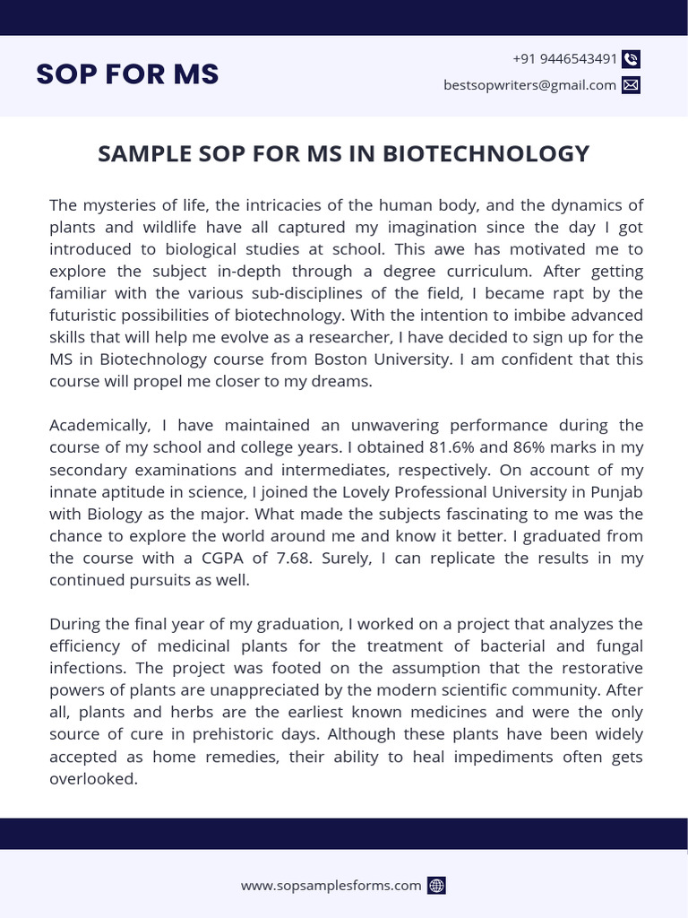 Sample Sop For MS in Biotechnology | PDF | Science | Biology