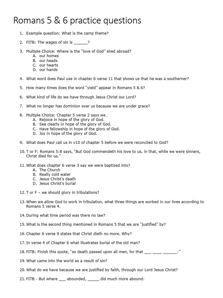 Romans 5 & 6 Study Questions | PDF | Epistle To The Romans | Grace In ...