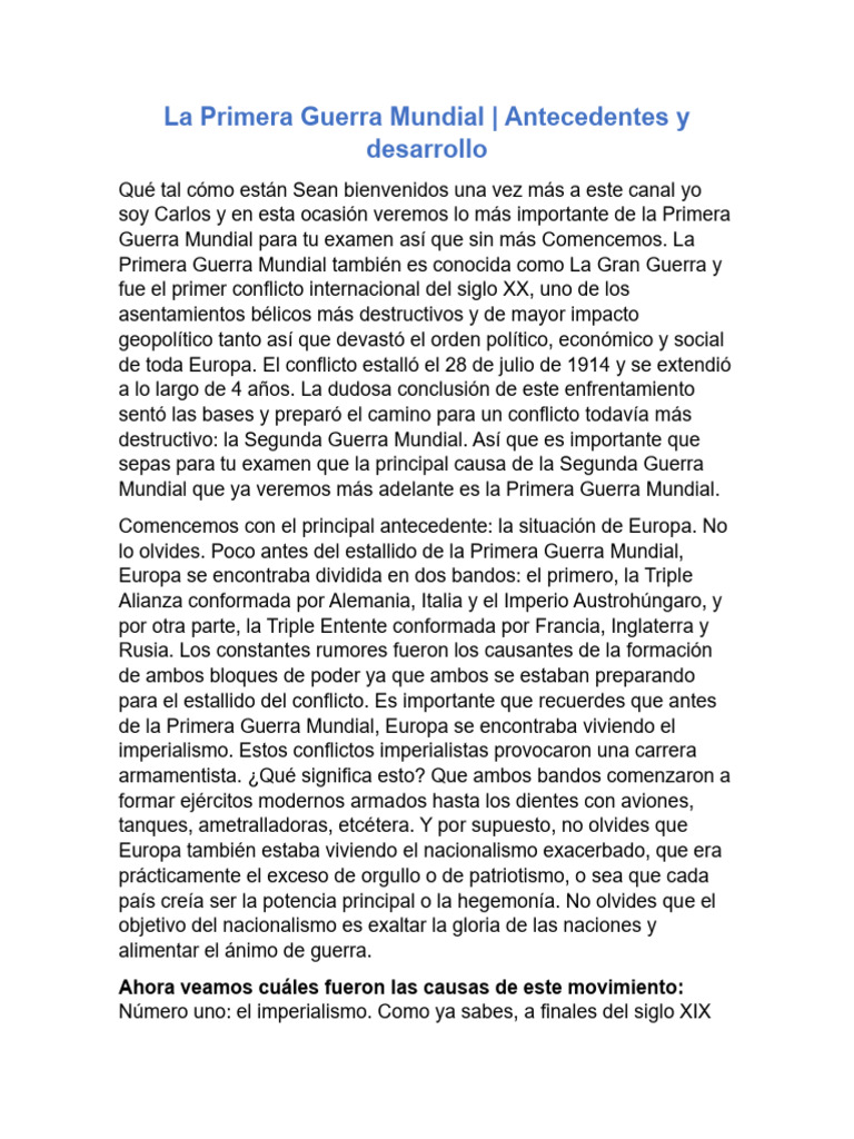 Causas y Desarrollo de la Primera Guerra Mundial | PDF | Primera Guerra ...