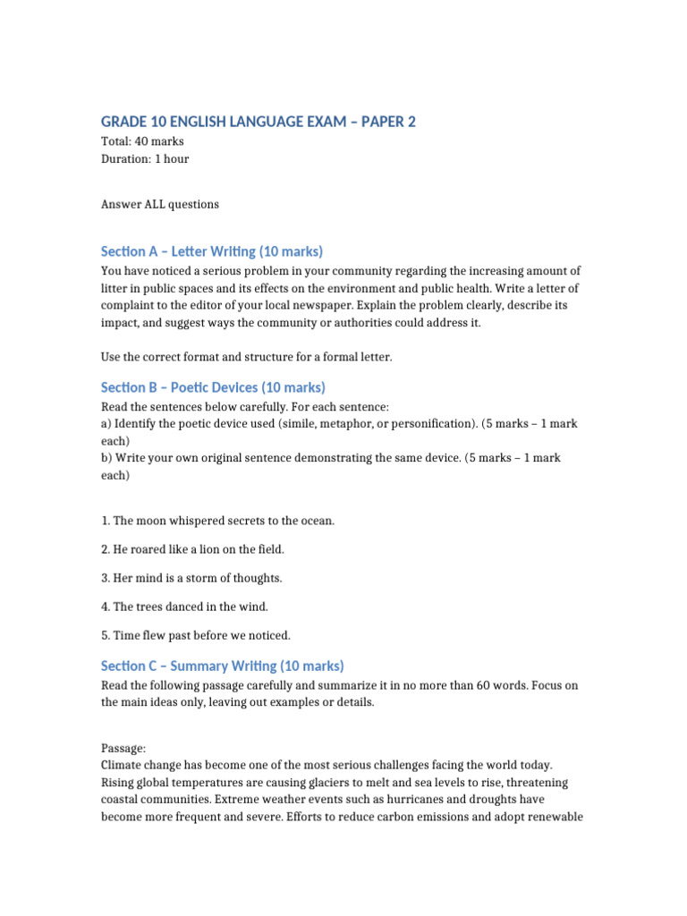 Grade 10 English Paper 2 Exam Guide | PDF
