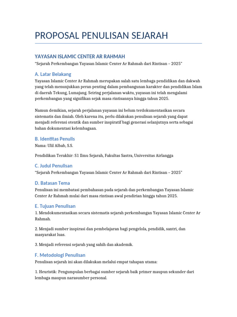 Proposal Penulisan Sejarah Yayasan Ar Rahmah | PDF