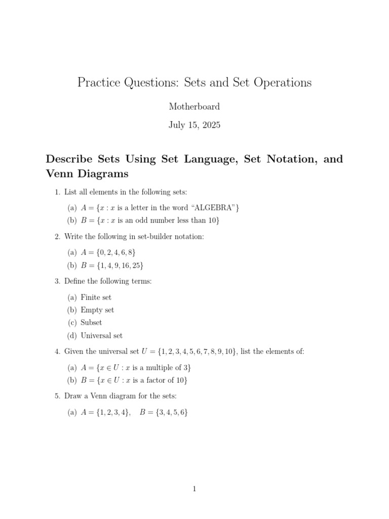 Sets Practice Questions and Examples | PDF | Set (Mathematics ...
