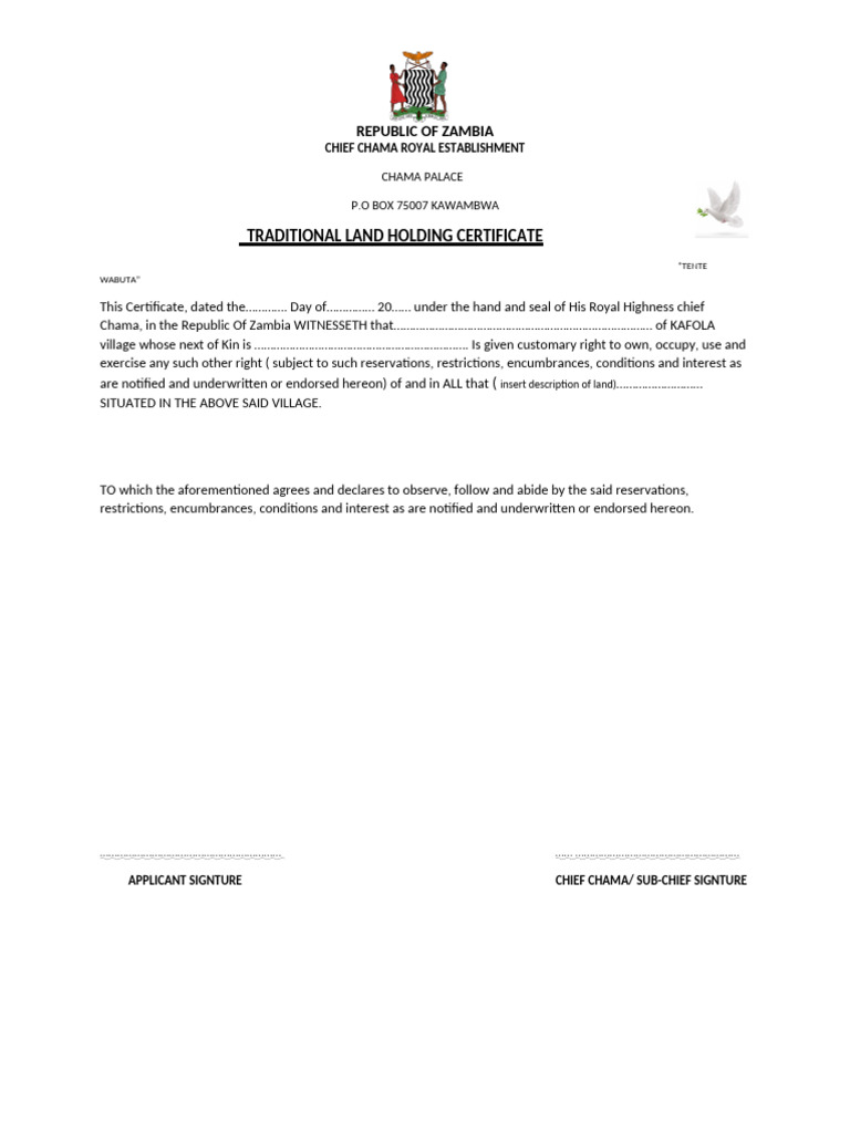 Traditional Land Holding Certificate Zambia | PDF