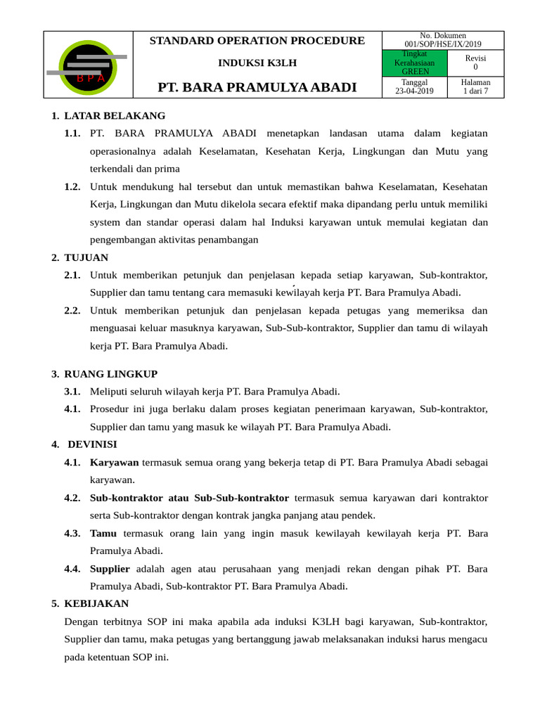 HSE 001 SOP Induksi Karyawan | PDF