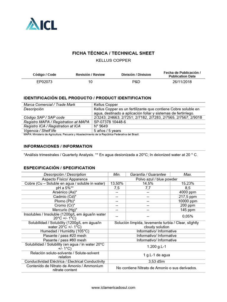 Ficha Técnica Kellus Copper - ICL | PDF