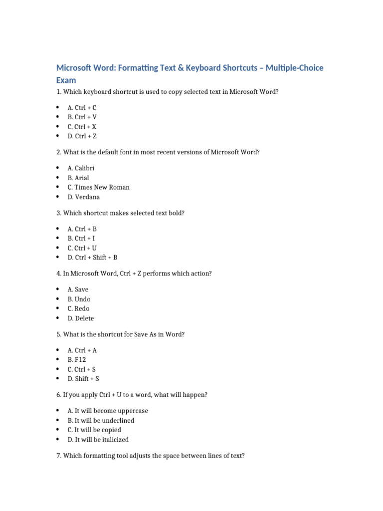 MS Word Formatting Shortcuts Exam | PDF | Microsoft Word | Keyboard ...
