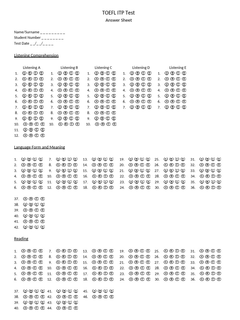 TOEFL ITP Answer Sheet Template | PDF | Test Of English As A Foreign ...