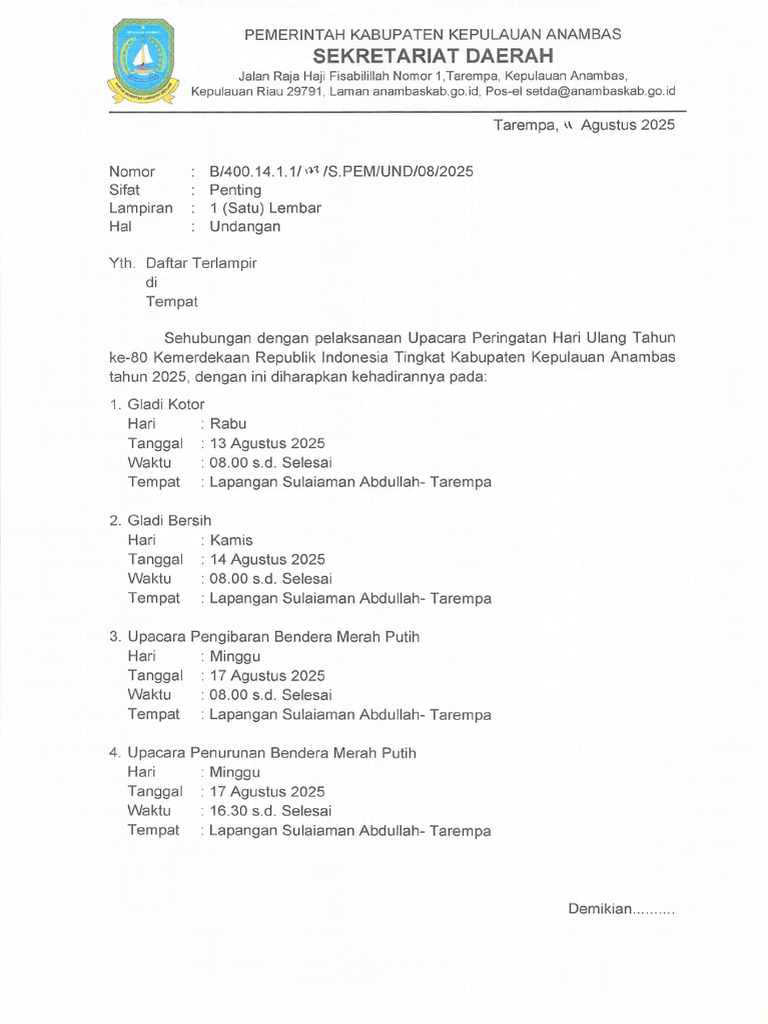 Undangan Gladi Dan Upacara HUT RI | PDF