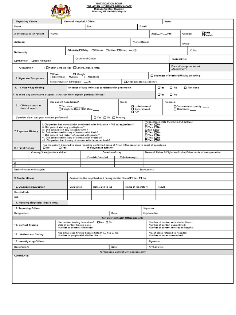 Avian Influenza H7N9 Notification Form | PDF | Influenza | Pneumonia