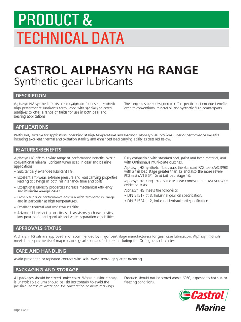 PDS - Castrol - Alphasyn - HG - Range | PDF | Lubricant | Mechanical ...