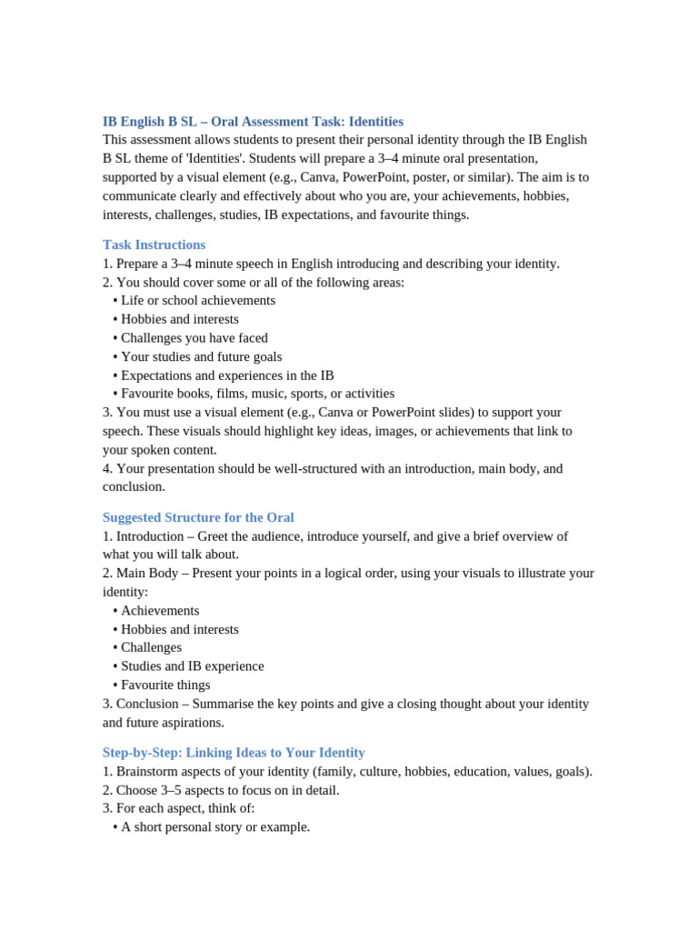 IB EnglishB SL Oral Identities Project | PDF | Communication | Learning