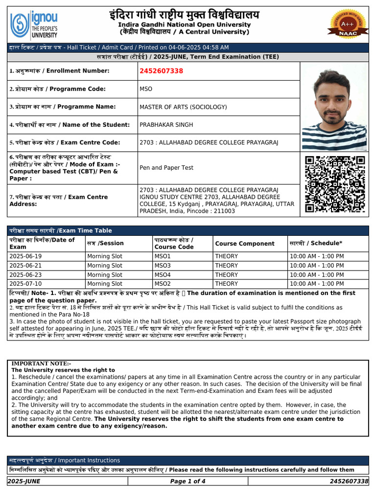 IGNOU Admit Card | PDF