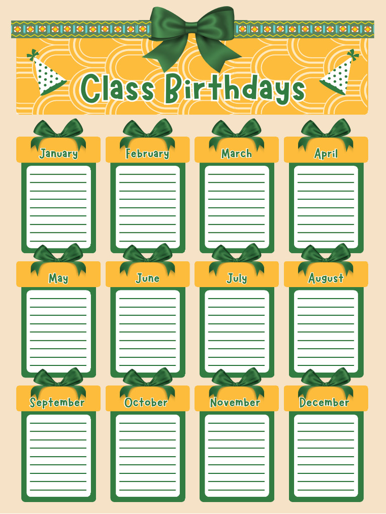Class Birthdays Poster in Green and Yellow Playful Style | PDF