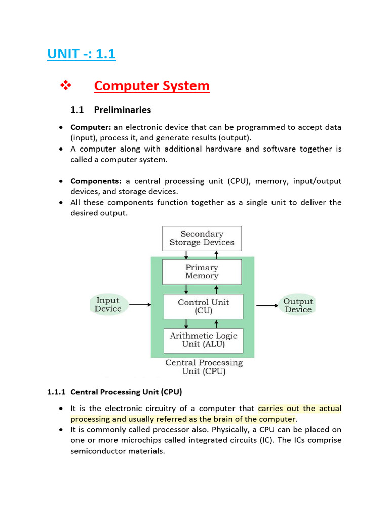 UNIT - 1.1 Intro To Computer System | PDF | Computer Data Storage | Central Processing Unit
