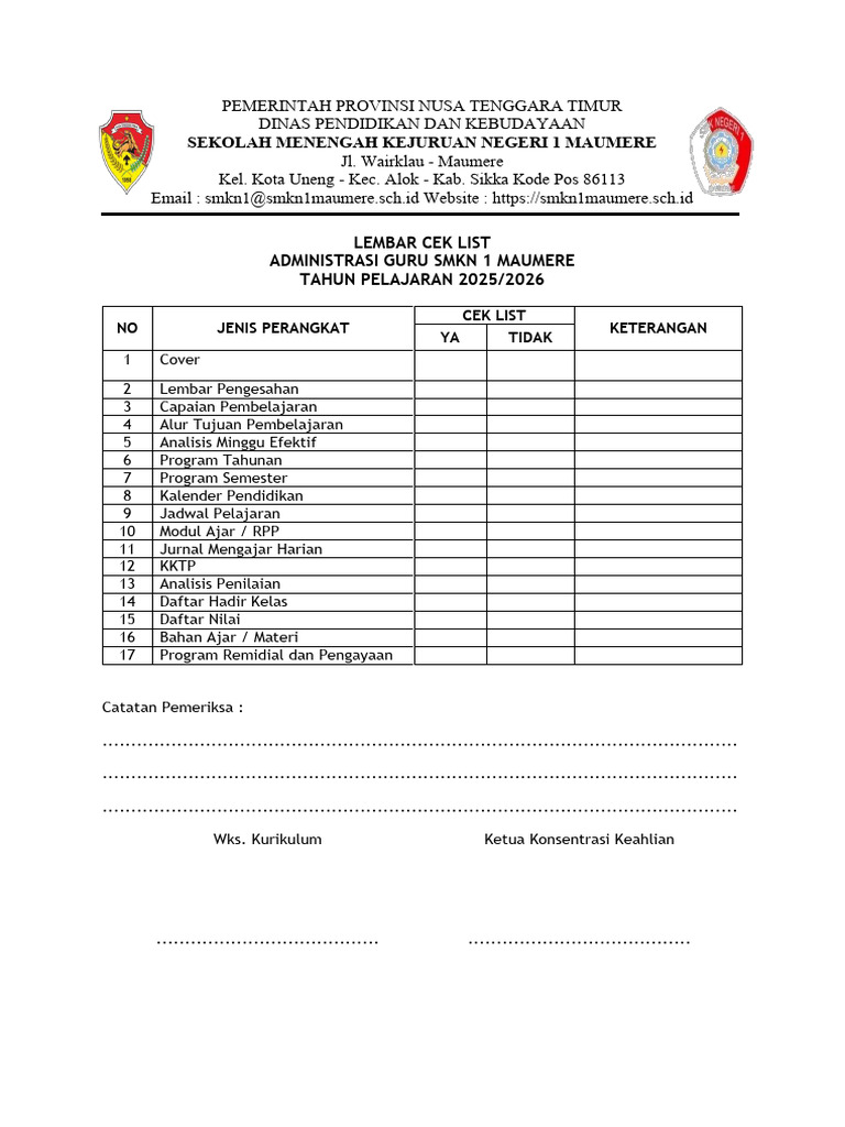 Daftar Cek List Administrasi KBM 2025-2026 | PDF