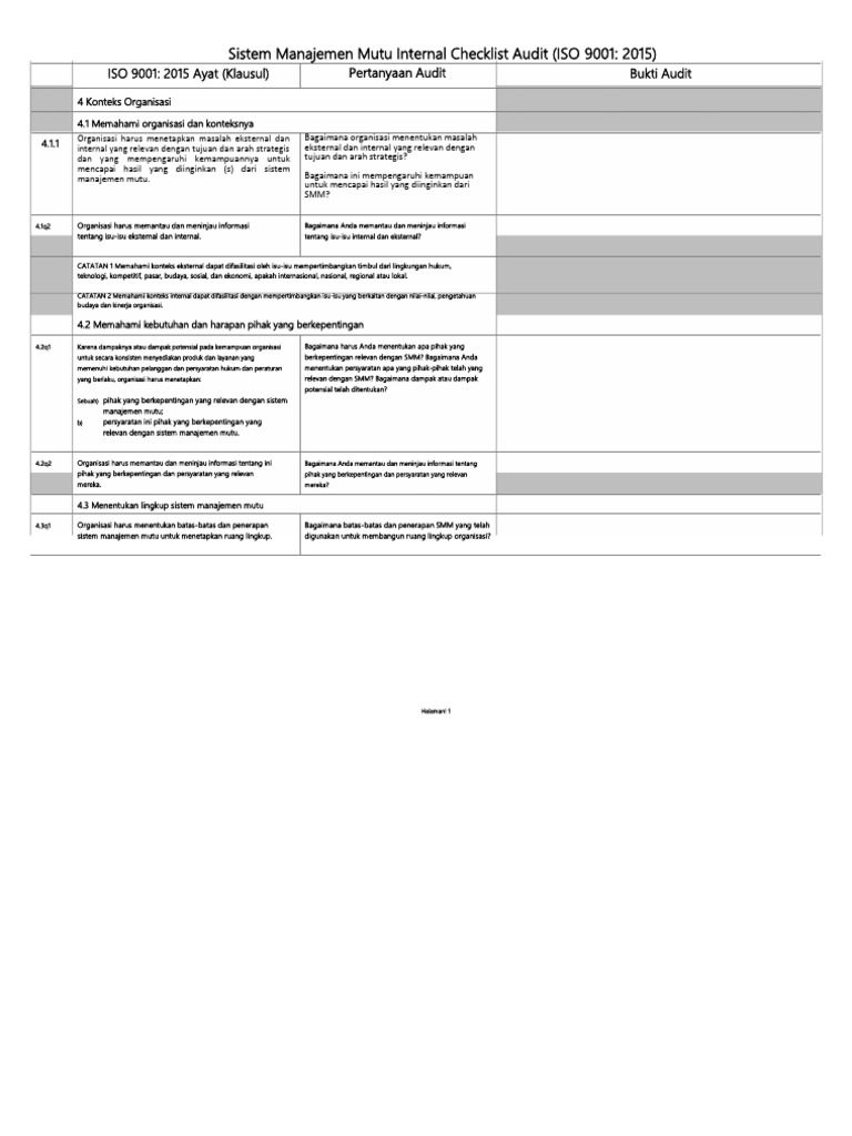 Checklist Audit ISO 9001:2015 SMM | PDF