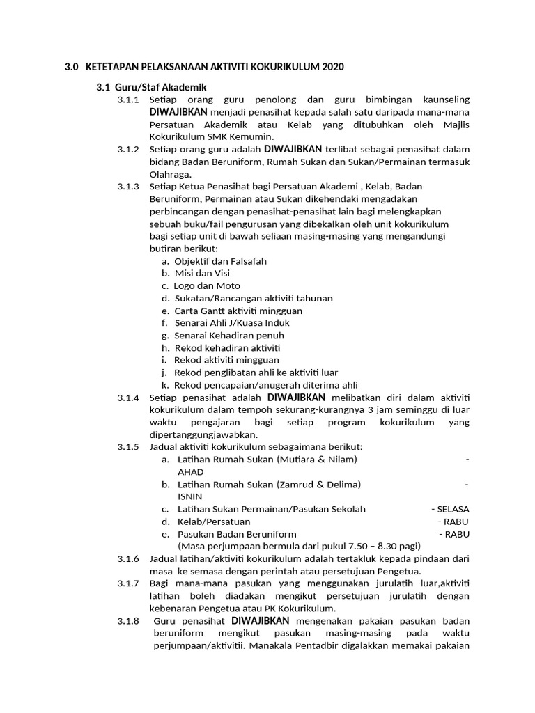 Ketetapan Pelaksanaan Aktiviti Kokurikulum 2020 | PDF
