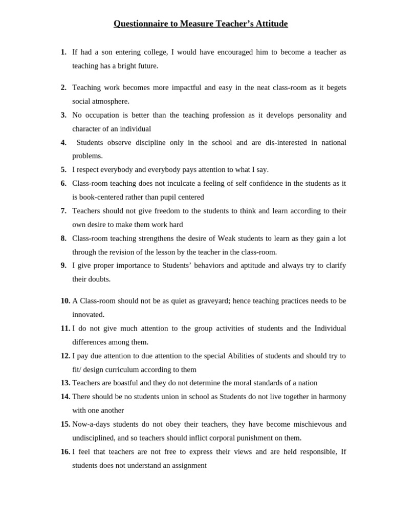 Teacher Attitude Measurement Questionnaire | PDF | Teachers | Attitude ...