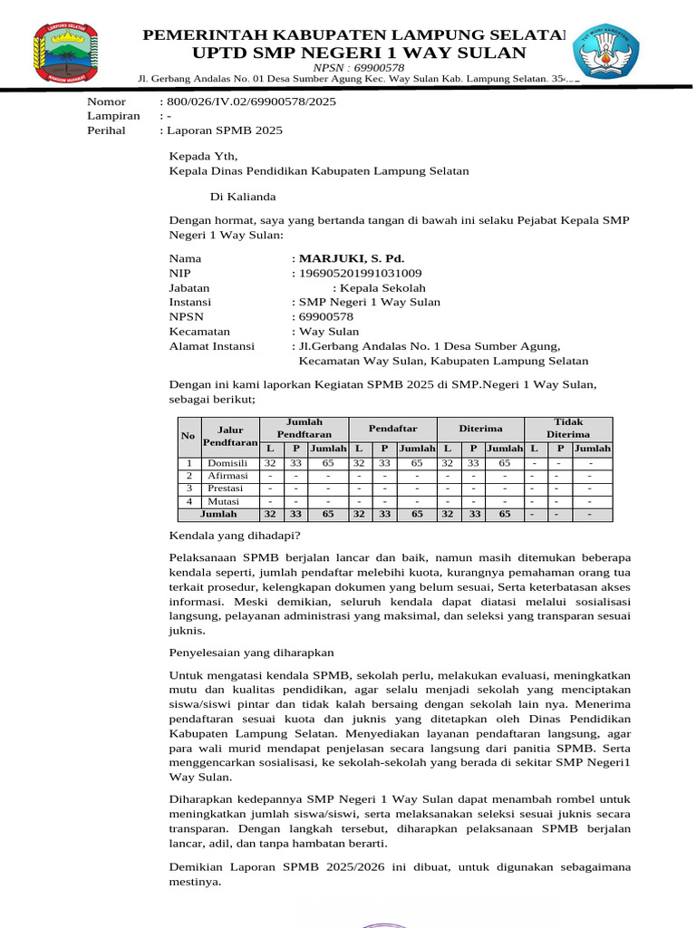 Laporan SPMB 2025 SMPN 1 Way Sulan | PDF