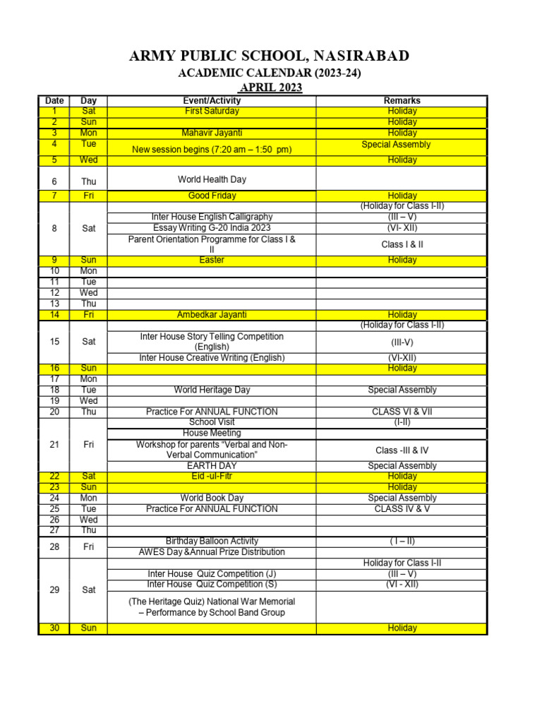 Annual Academic Calander 23-24 Aps NSD | PDF | Observances
