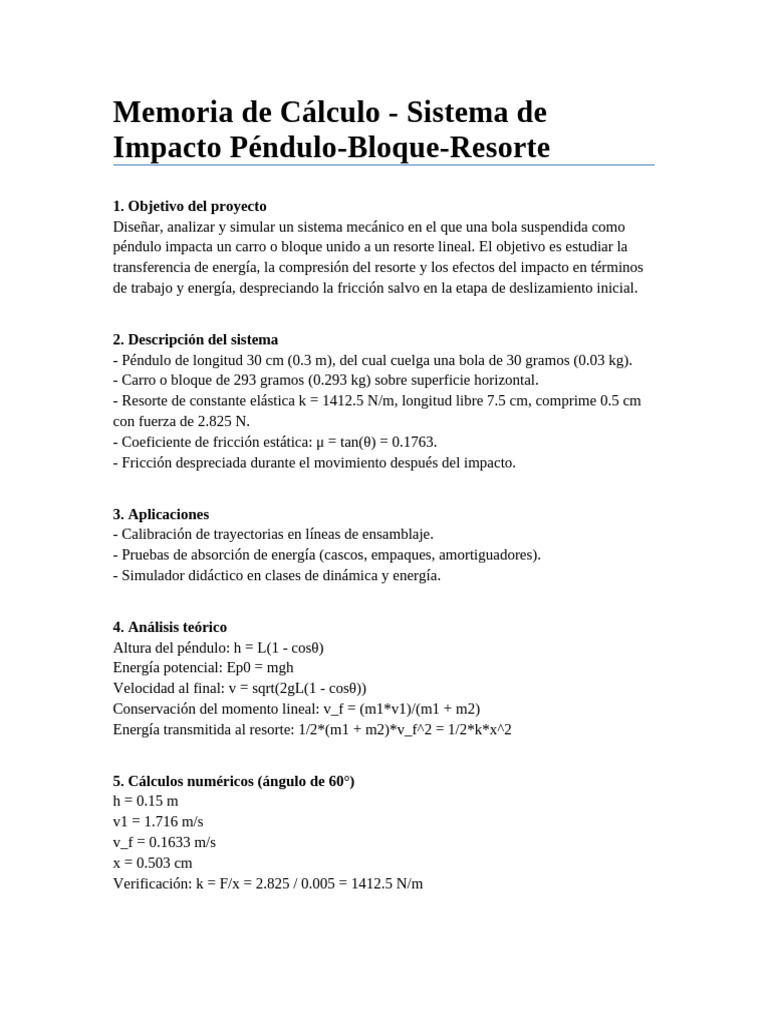 Memoria Calculo Impacto Pendulo Bloque | PDF
