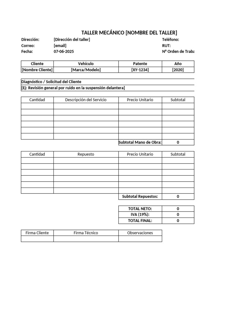 Orden de Trabajo Taller Mecánico | PDF