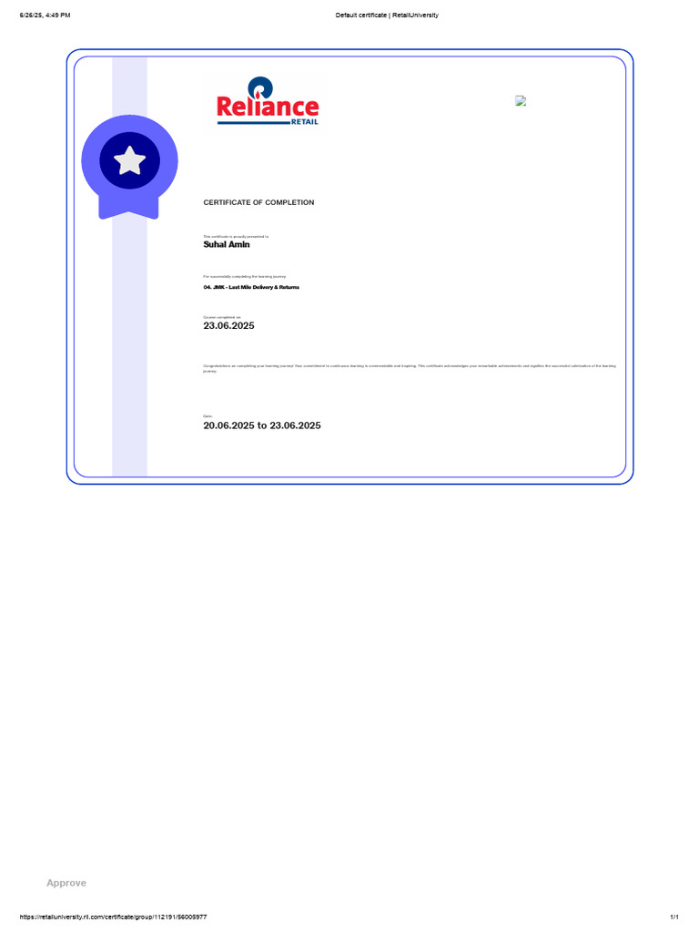 JMK Last Mile Delivery Completion Certificate | PDF